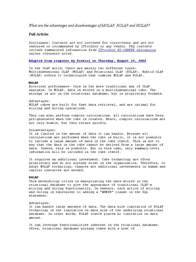 Advantages and Disadvantages of MOLAP, ROLAP and HOLAP | PDF ...