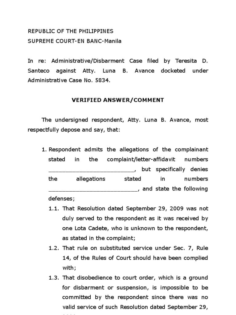 Verified Answer Disbarment | PDF | Disbarment | Burden Of Proof (Law)