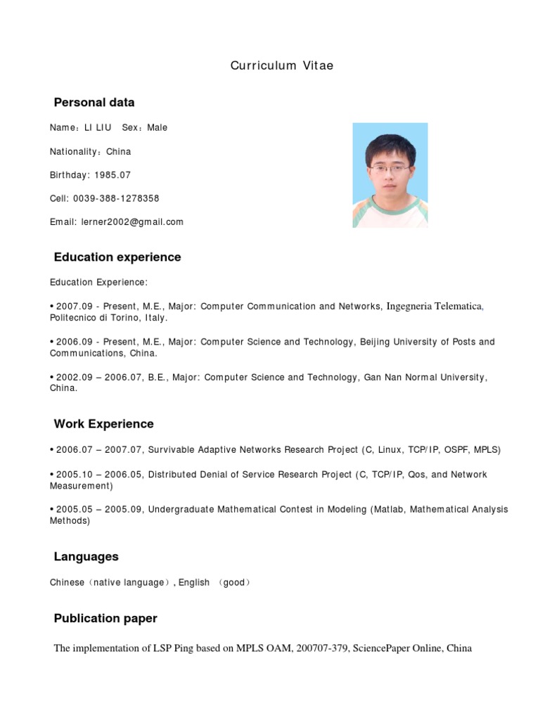 Curriculum Vitae Personal Data Name LI LIU Sex Male Nationality China ...