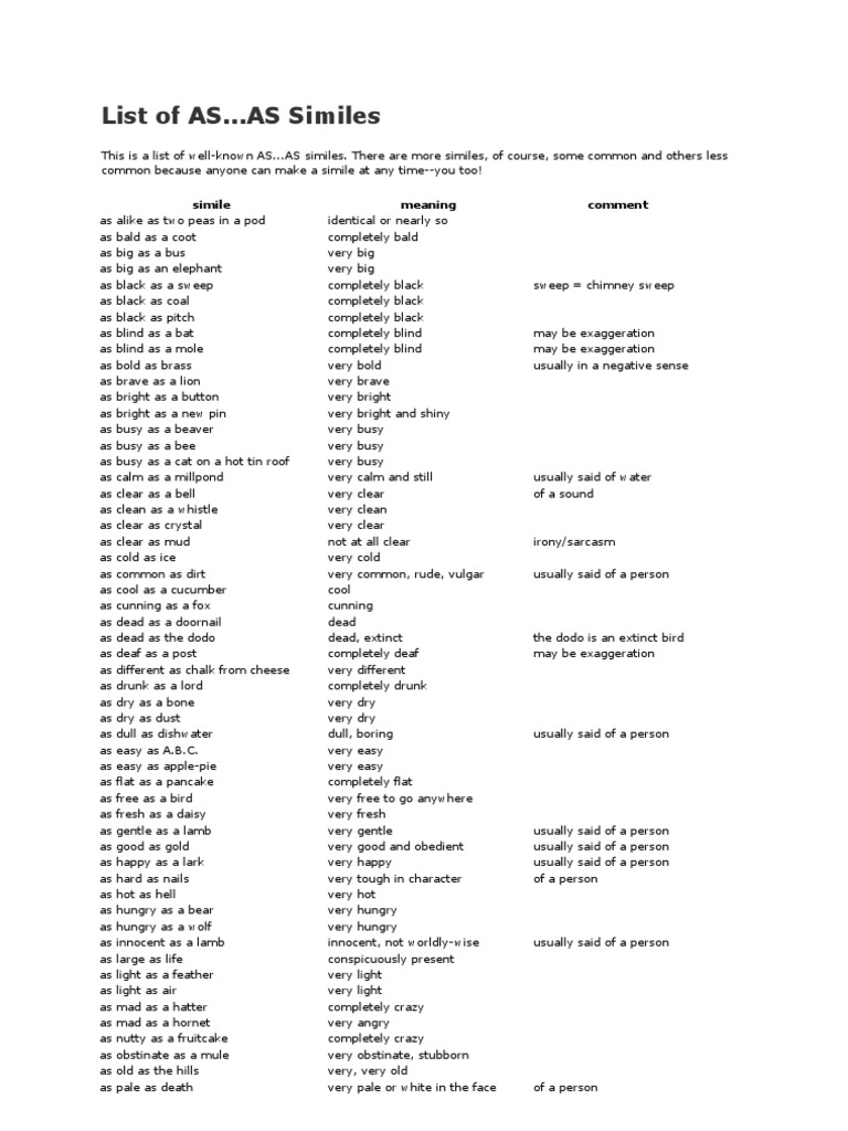 A List of Common English Similes | PDF | Nature