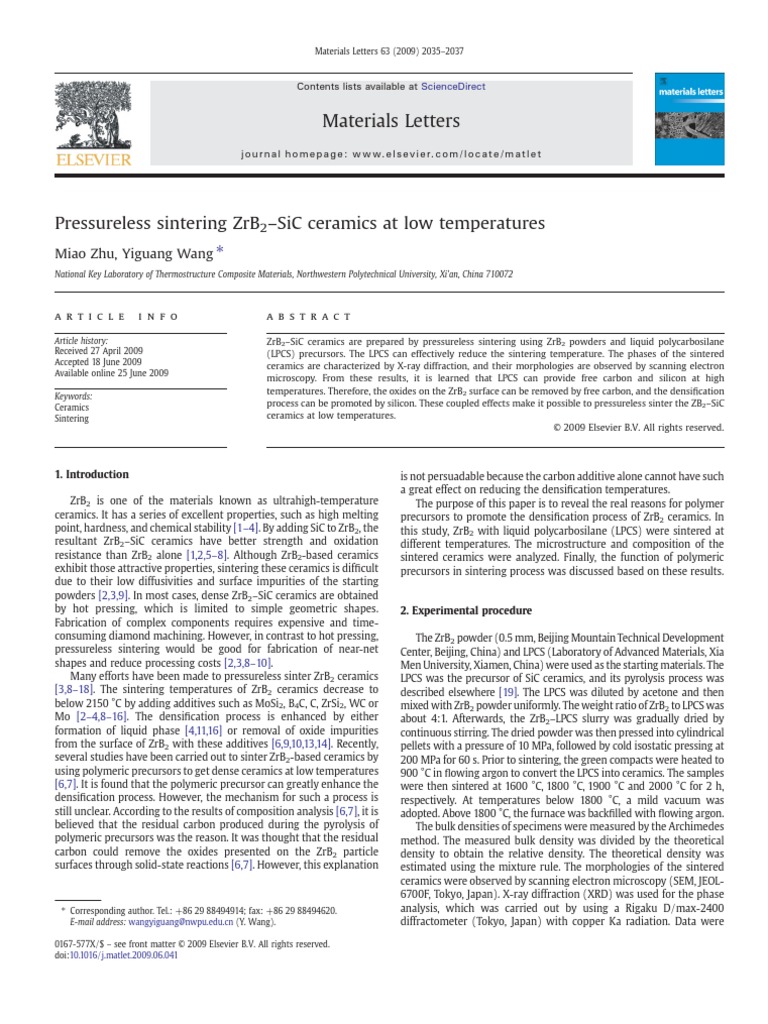 Pressureless Sintering ZrB2-SiC Ceramics at Low Temperatures | PDF ...