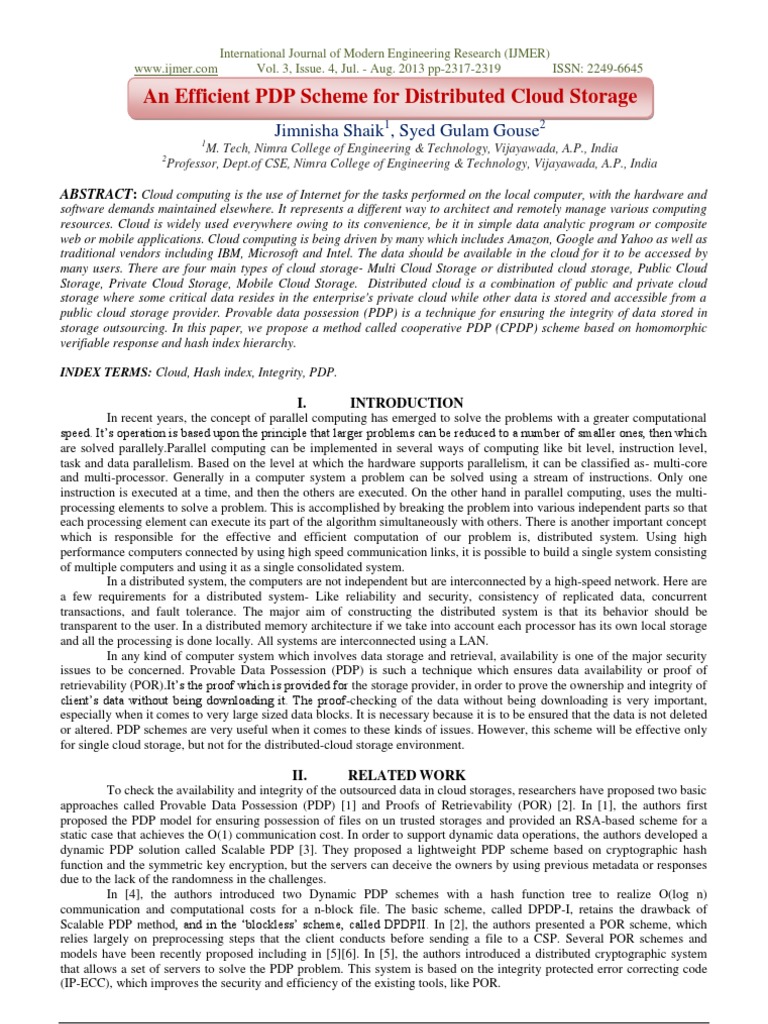 An Efficient PDP Scheme For Distributed Cloud Storage: Jimnisha Shaik, Syed Gulam Gouse | PDF ...