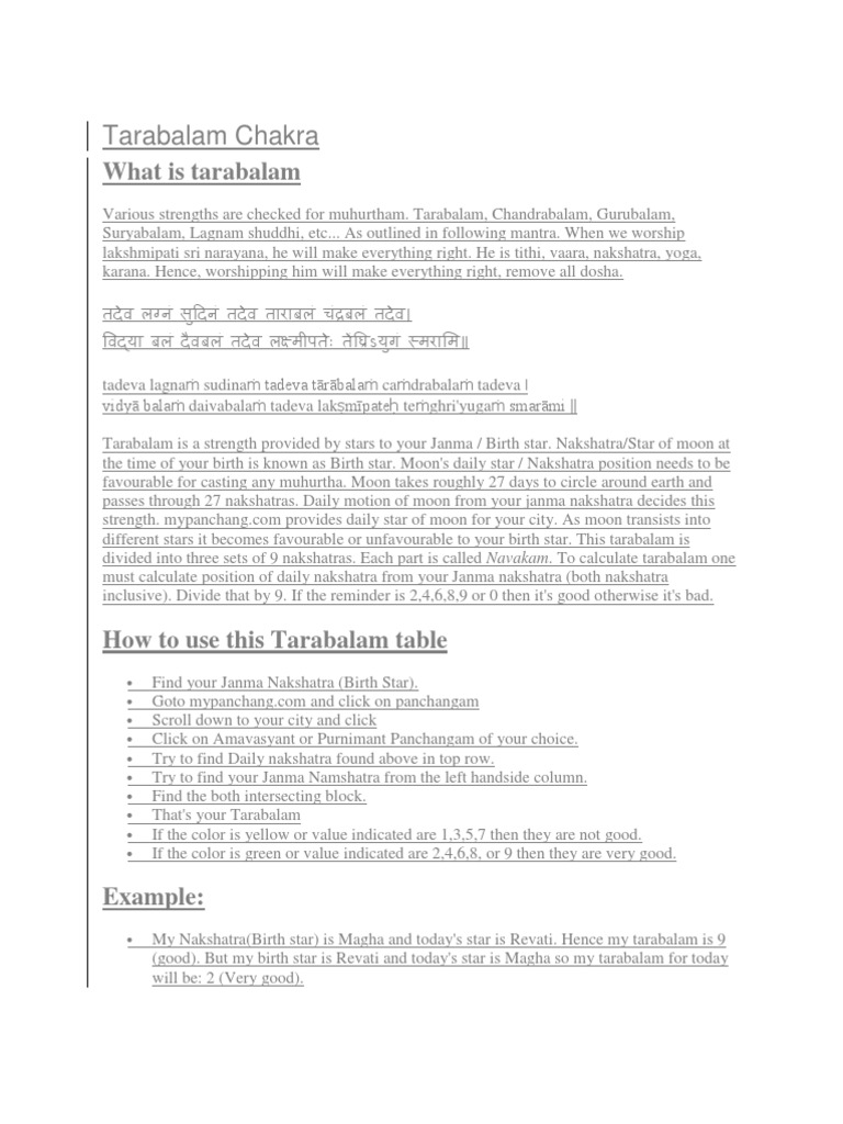 Tara Balam | PDF | Hindu Astrology | Technical Factors Of Astrology