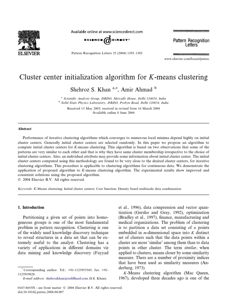 Cluster Center Initialization Algorithm For K-Means Clustering | PDF | Cluster Analysis | Outlier