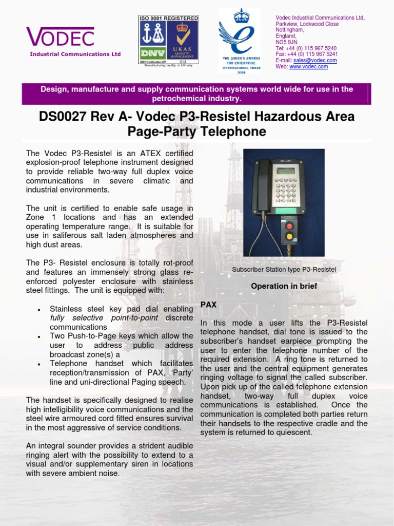 DS0027 Rev A - Vodec P3-Resistel Hazardous Area Page-Party Telephone ...
