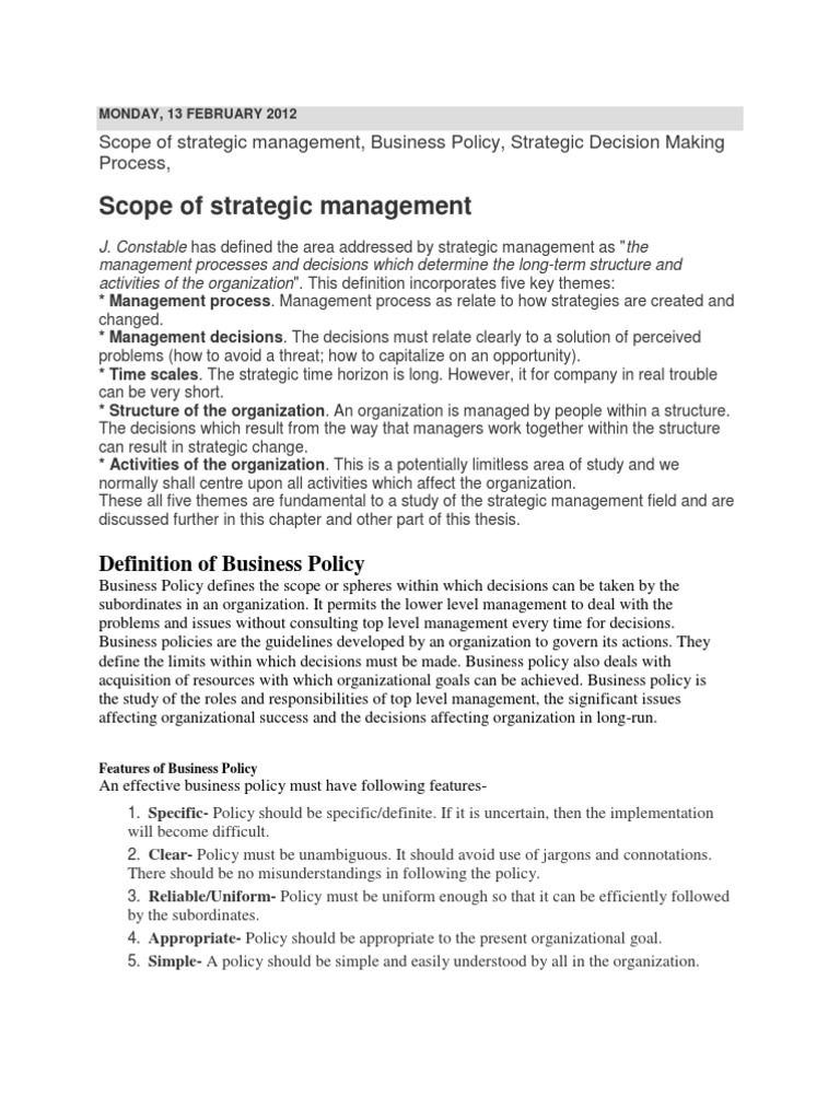 Scope of Strategic Management, Business Policy, Strategic Decision ...
