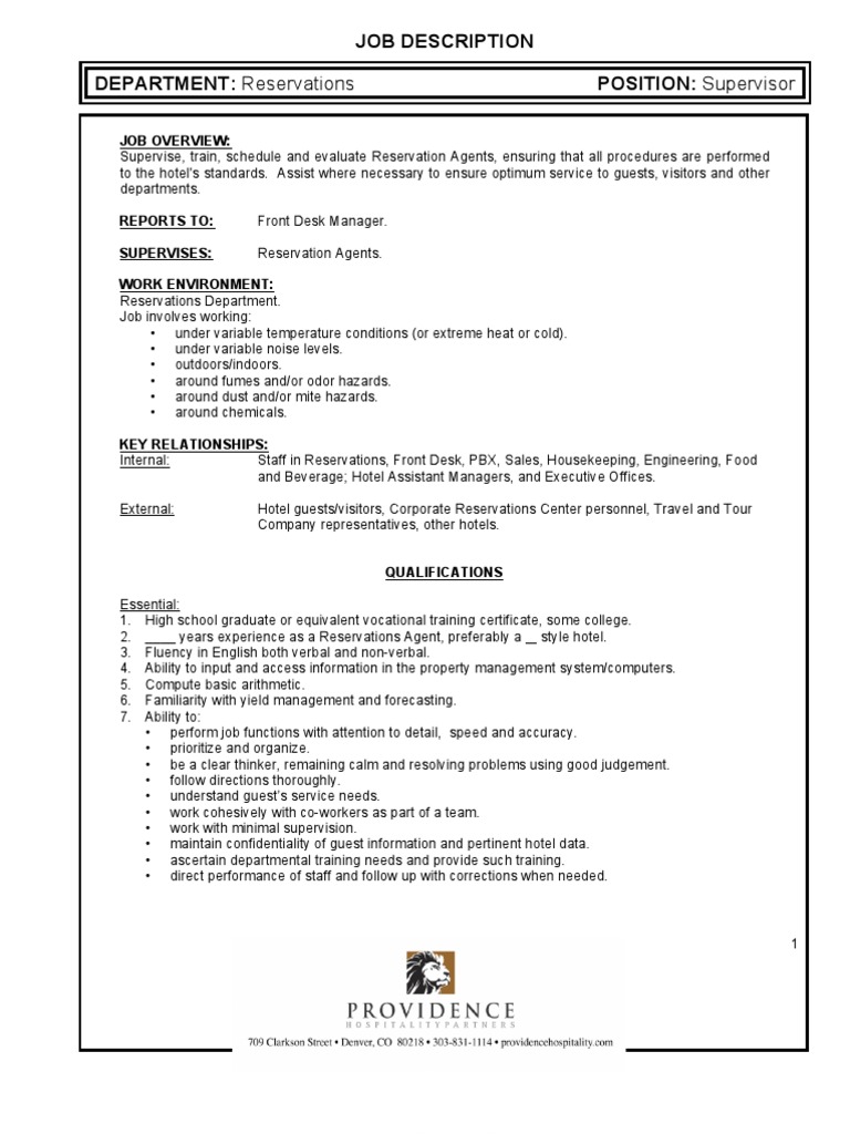 Hotel Reservations Supervisor Role | PDF | Travel Agency | Employment
