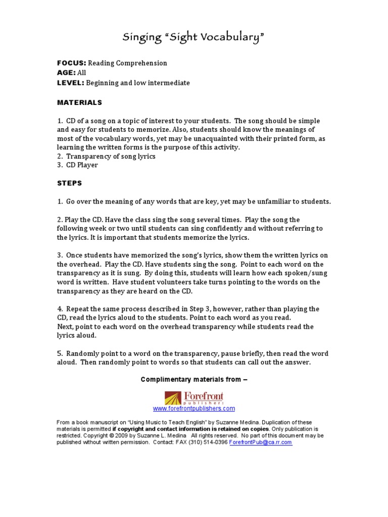 Musical Reading Activities For ESL Learners | PDF | English As A Second ...