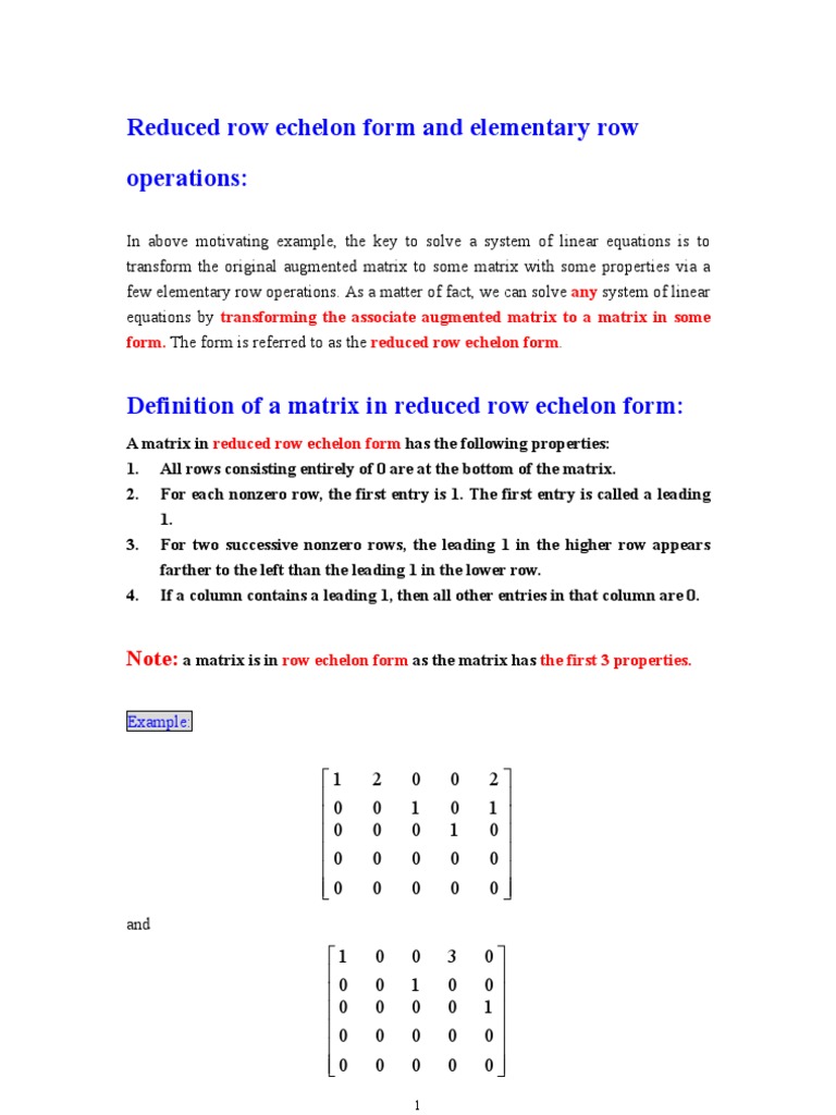 Reduced Row Echelon Form Explained | PDF
