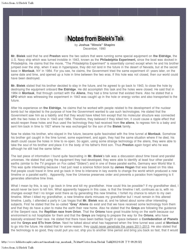 Notes From Al Bielek Talk | PDF | Time Travel | Alternate History