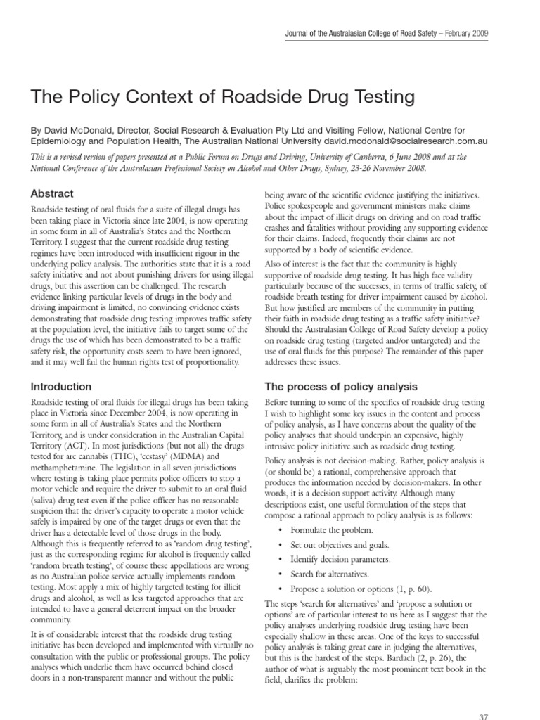 The Policy Context of Roadside Drug Testing | PDF | Driving Under The ...