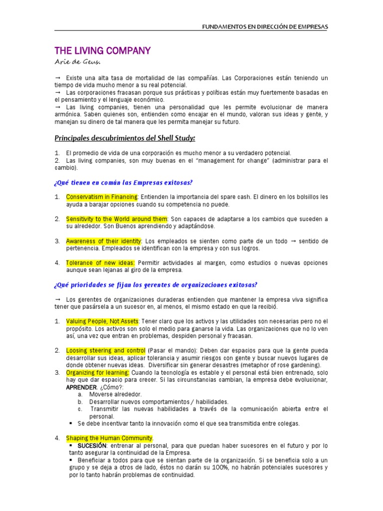 The Living Company, Arie de Geus | PDF | Corporaciones | Tolerancia