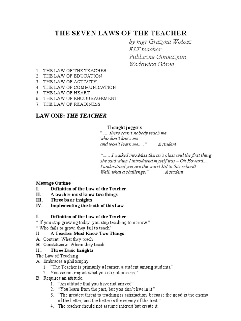 Seven Laws of Teaching Explained | PDF | Nonverbal Communication ...