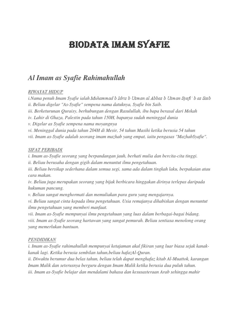 Biodata Imam Syafie | PDF