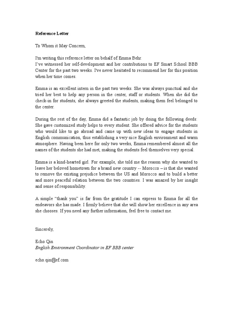 Emma Behr Reference Letter | PDF | Career & Growth | Language Arts ...