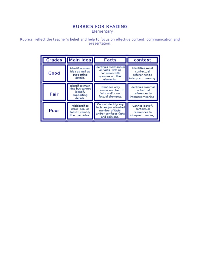 Reading Rubrics for Elementary Grades | PDF | Career & Growth | Self ...