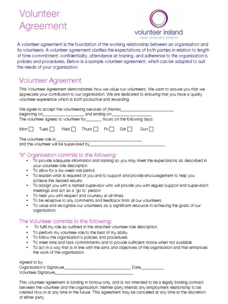 Volunteer Agreement | PDF | Volunteering | Social Institutions