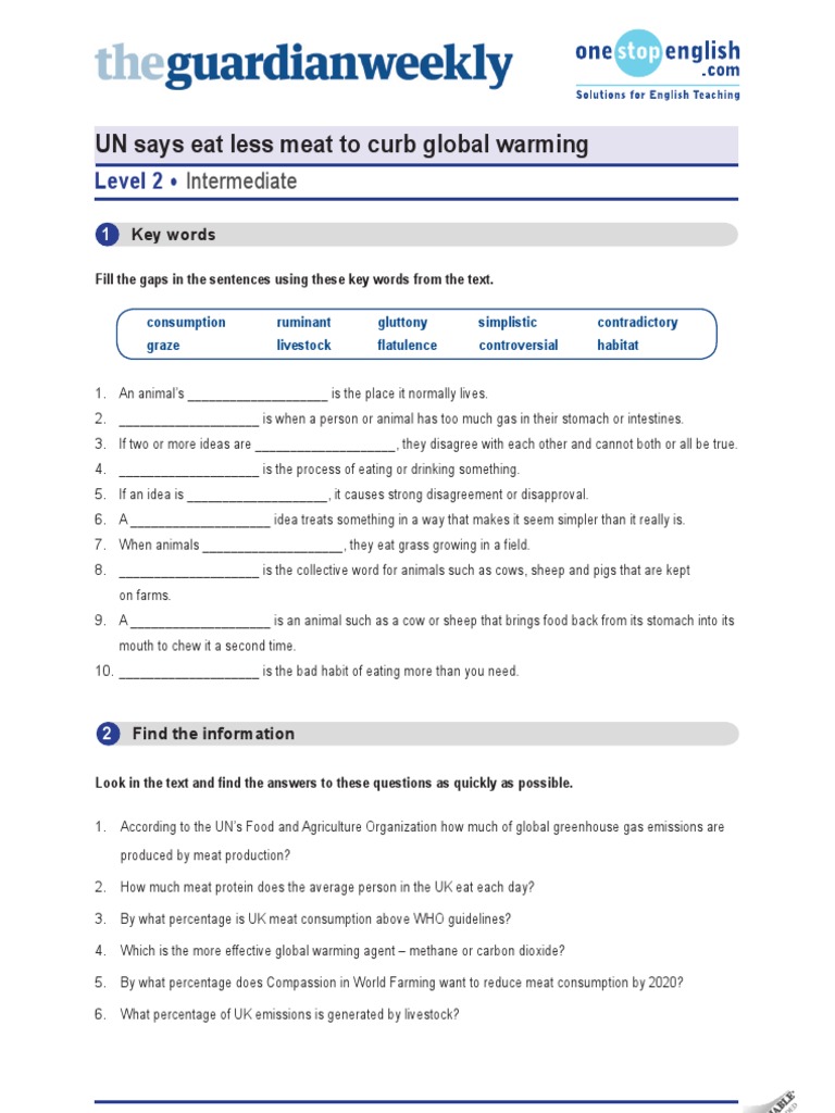 ESOL Guardian Monthly Eat Less Meat - UN Intermediate | PDF | Meat ...