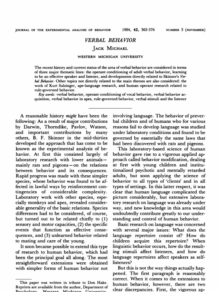 Verbal Behavior | PDF | Behaviorism | Reinforcement