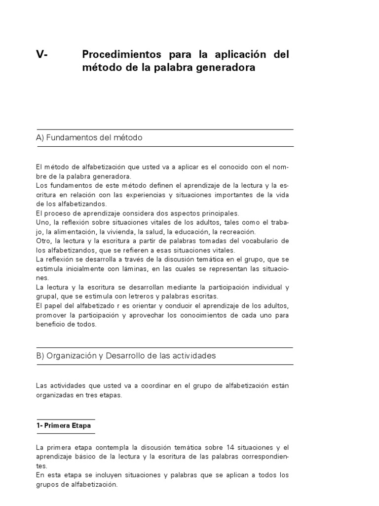 Procedimientos para La Aplicación Del Método de La Palabra Generadora | PDF | Lectura (proceso ...