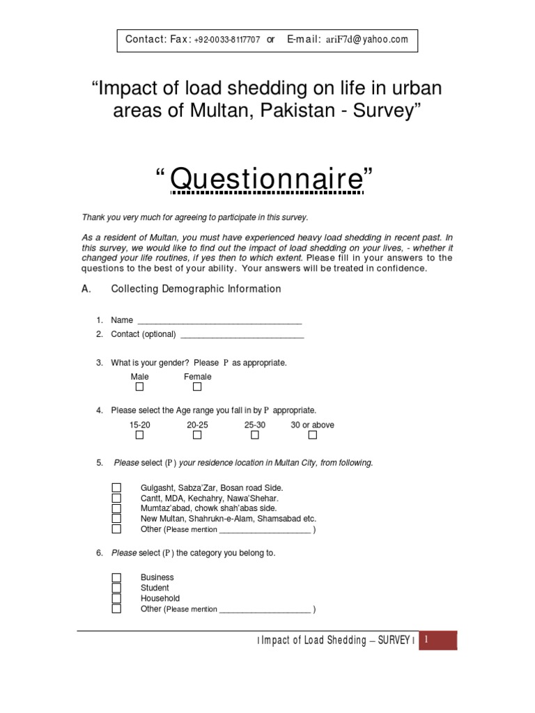 Load Shedding Impact Survey in Multan | PDF | Questionnaire | Economies