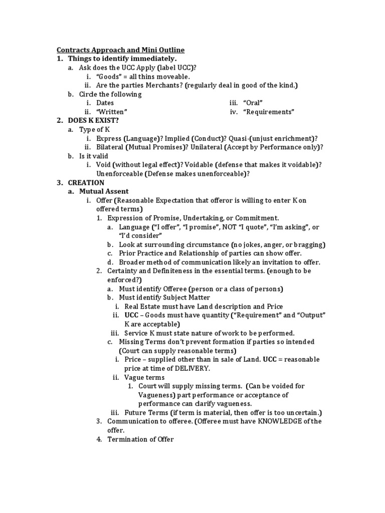 Contracts Approach and Mini Outline | PDF | Implied Warranty | Offer ...