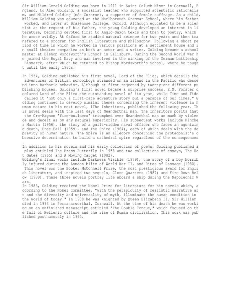 Biography of William Golding (1911-1993) | PDF | Poetry