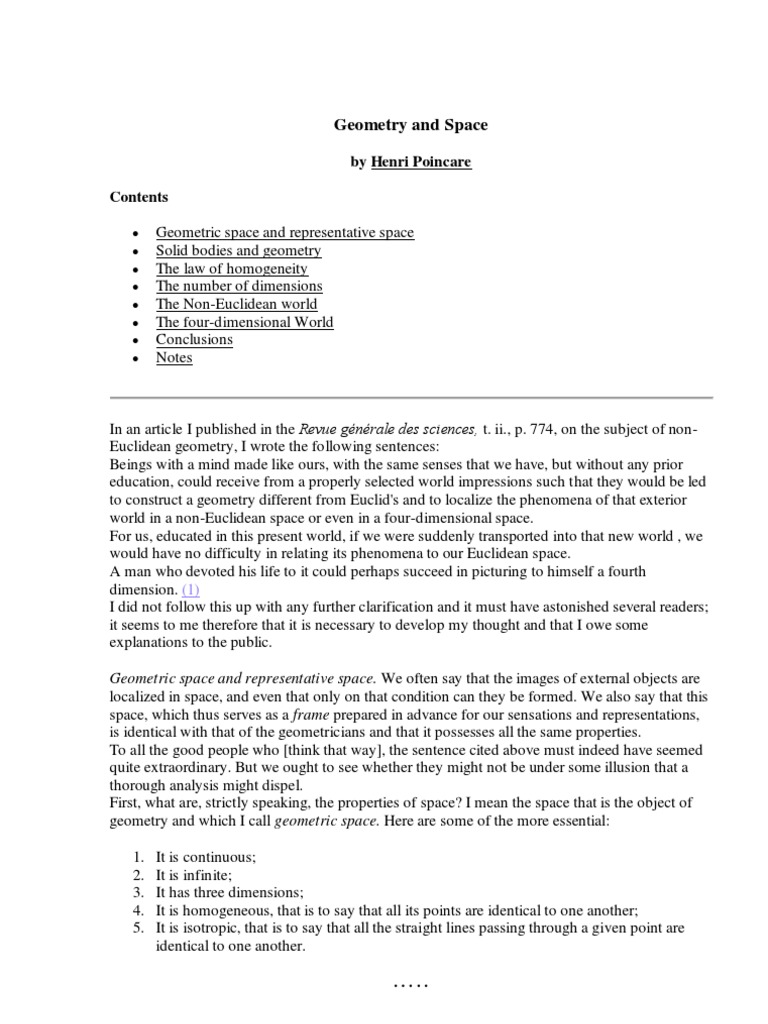 Poincaré on Geometry in Multidimensional Space | PDF | Space | Dimension