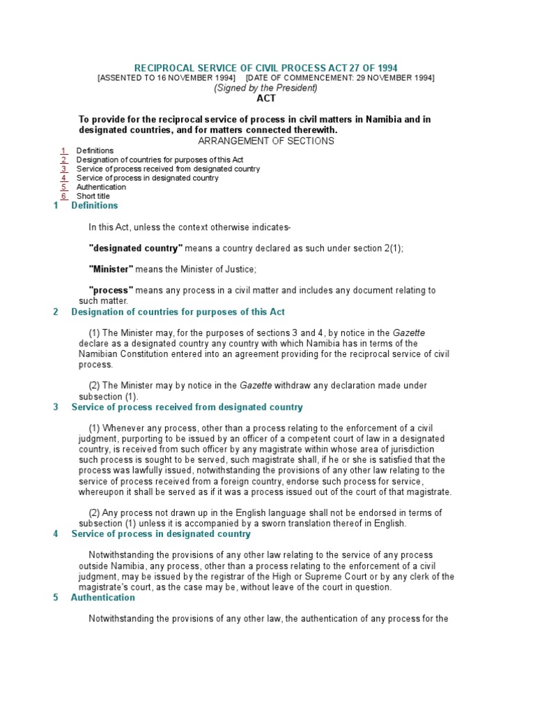 Reciprocal Service of Civil Process Act 27 of 1994 | PDF | Service Of ...