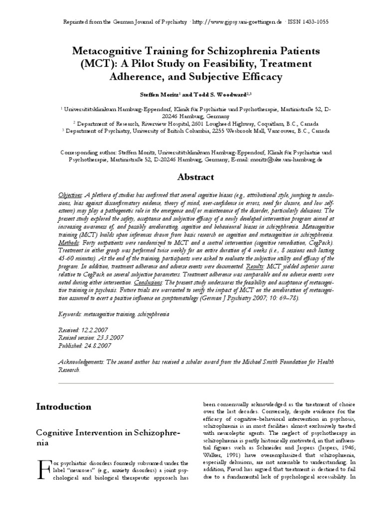 2007 - Metacognitive Training For Schizophrenia Patients (MCT) A Pilot Study On Feasibility ...