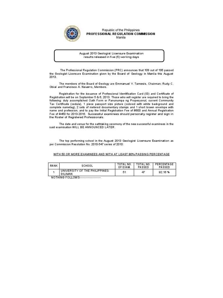 August 2013 Geologist Licensure Results | PDF | Licensure ...