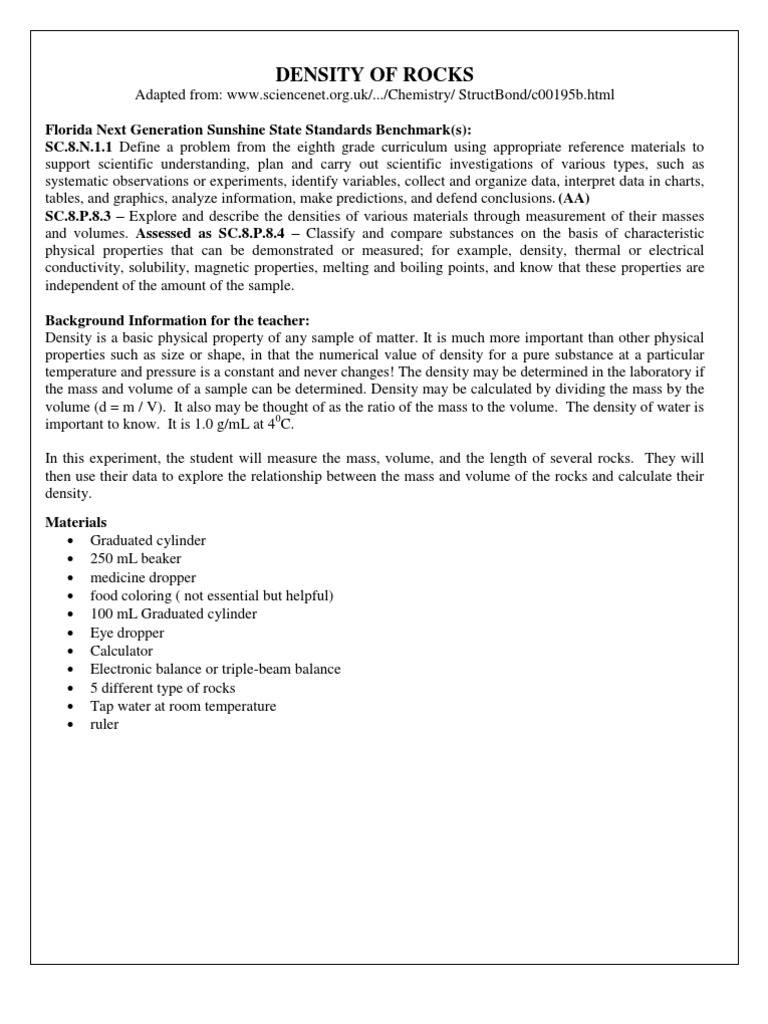 Density of Rocks Lab Worksheet | PDF | Density | Volume