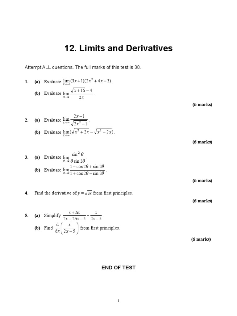 Limits and Derivatives Test Questions | PDF