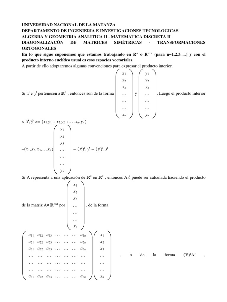 Diagonalizacion de Matrices Simetricas y Transformaciones Ortogonales | PDF | Valores propios y ...