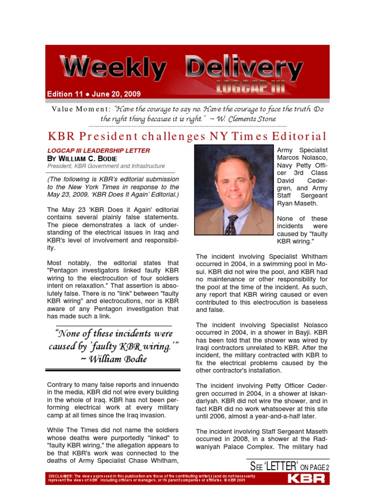 LOGCAP III Weekly Delivery No 11 - 20 Jun 09 | PDF | Kbr (Company) | Human Resources