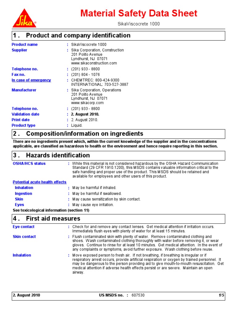 Msds Sika ViscoCrete 1000 | PDF | Dangerous Goods | Safety
