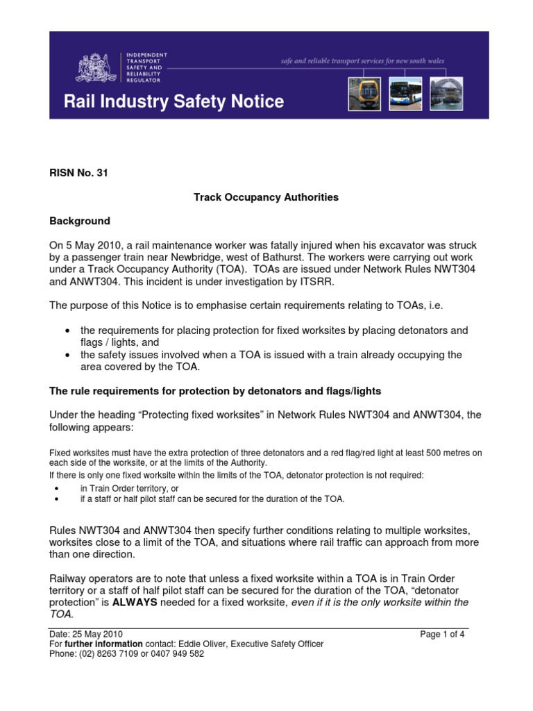 Rail Industry Safety Notice: RISN No. 31 Track Occupancy Authorities ...