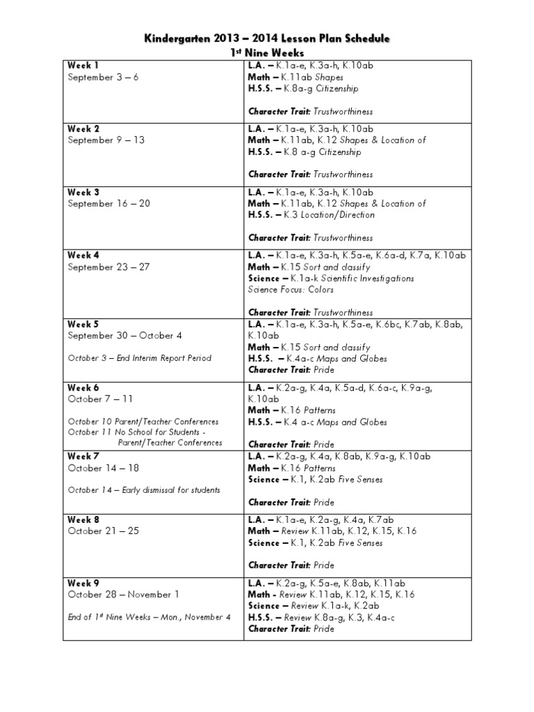 Lesson Plan Schedule and Weekly Objectives - 1st Nine Weeks | PDF ...