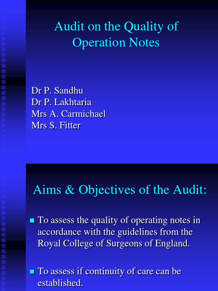 Quality of Operation Notes Audit Presentation | PDF | Prosthesis | Surgery