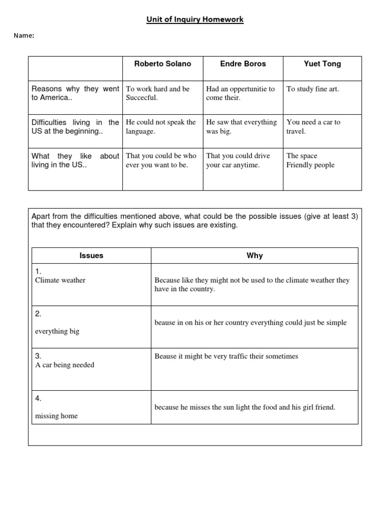 Unit of Inquiry Homework | PDF
