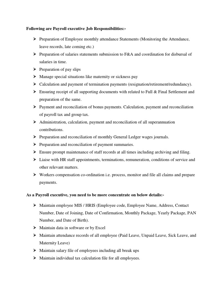 Payroll Executive Job Responsibilities | PDF | Finance & Money Management