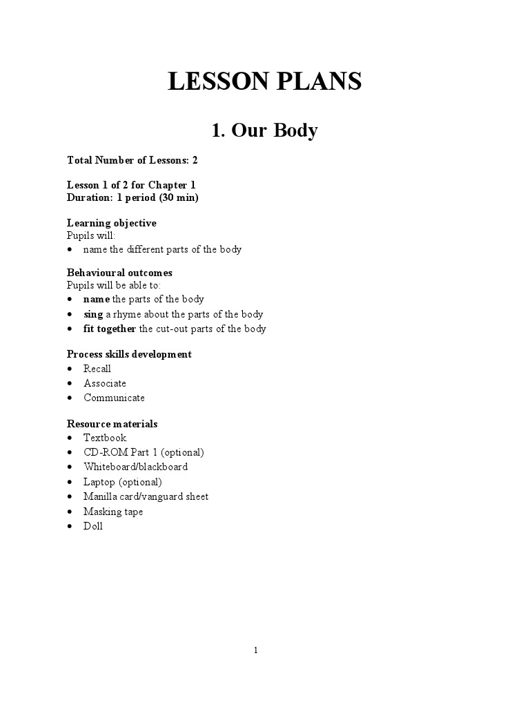 Lesson Plans: 1. Our Body | PDF