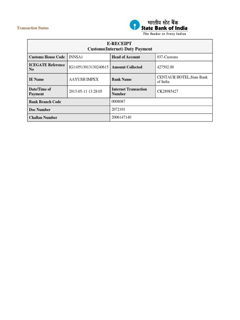 E-Receipt Customs (Internet) Duty Payment | PDF | Financial Transaction ...