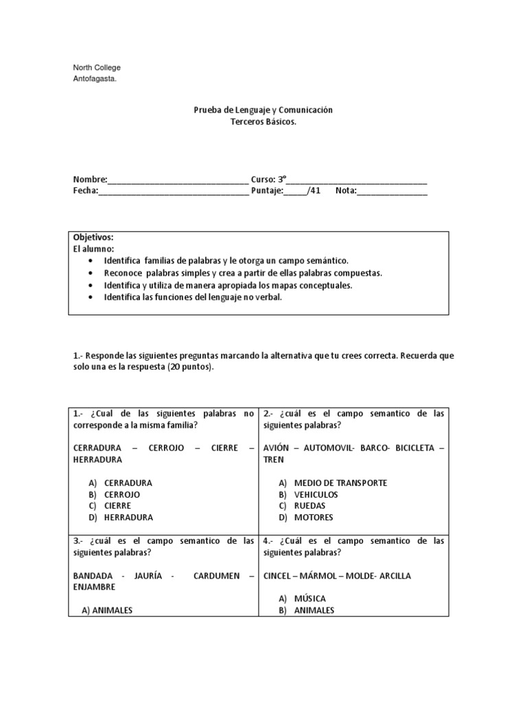 Prueba Lenguaje Tercero | PDF