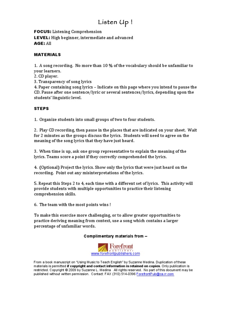 Using Songs To Teach English Listening Comprehension | PDF | English As ...