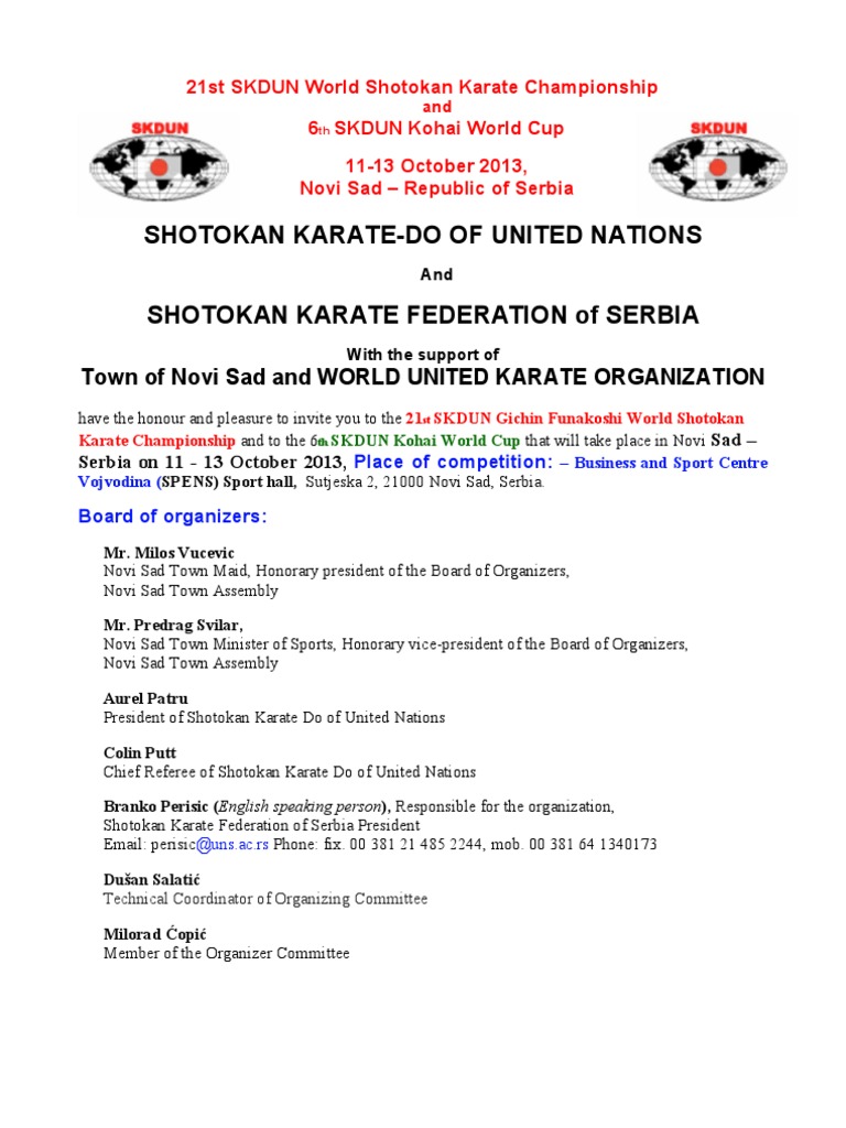 1 - Invitation To SKDUN World Champ, NoviSad - BG | PDF | Karate | Shotokan