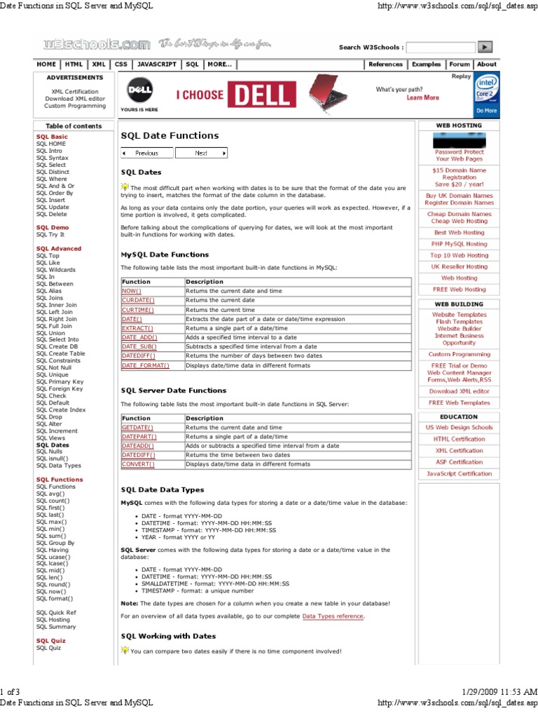 Date Functions In Sql Server And Mysql Pdf Sql Data Management Software 3090