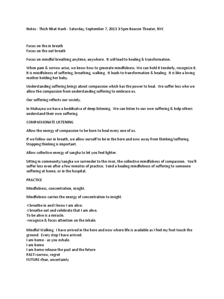 Notes Thich Nhat Hanh | PDF | Compassion | Happiness