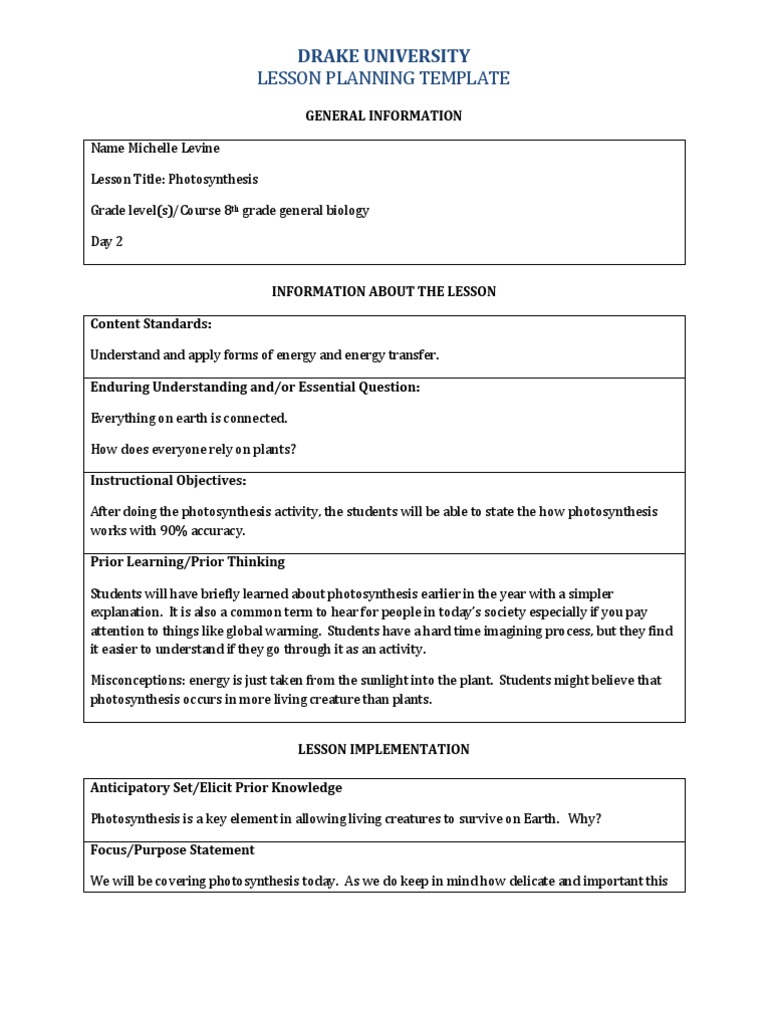 8th Grade Photosynthesis Lesson Plan | PDF | Photosynthesis | Classroom
