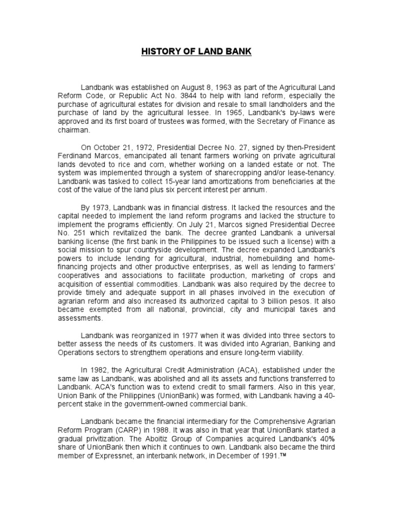 History of Land Bank of the Philippines | PDF | Financial Services ...